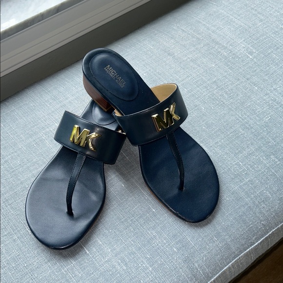 Michael Kors | Shoes | Michael Kors Navy Blue Sandals With Gold Mk Logo ...